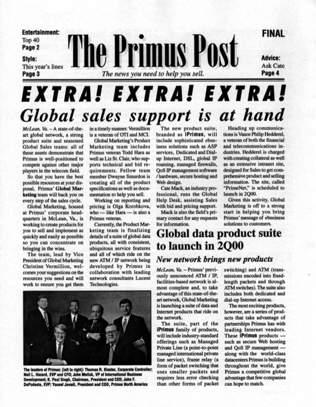 Primus Telecommunications (2000-2001) Senior Manager, Corporate ...