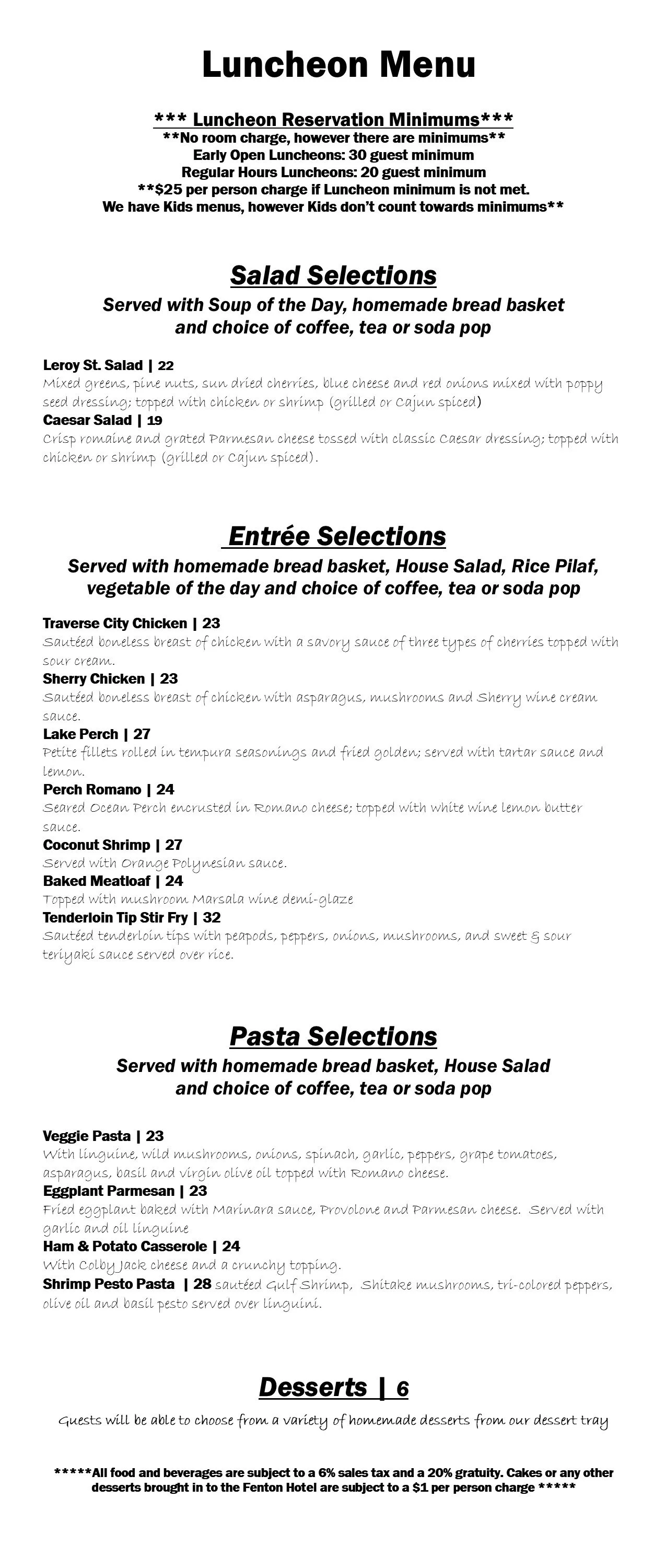 LUNCHEON MENU — Fenton Hotel
