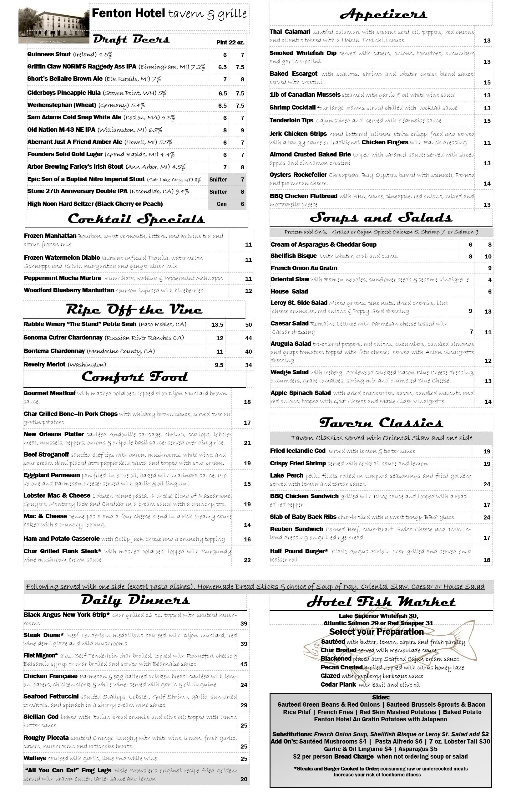 SAMPLE DINNER MENU — Fenton Hotel