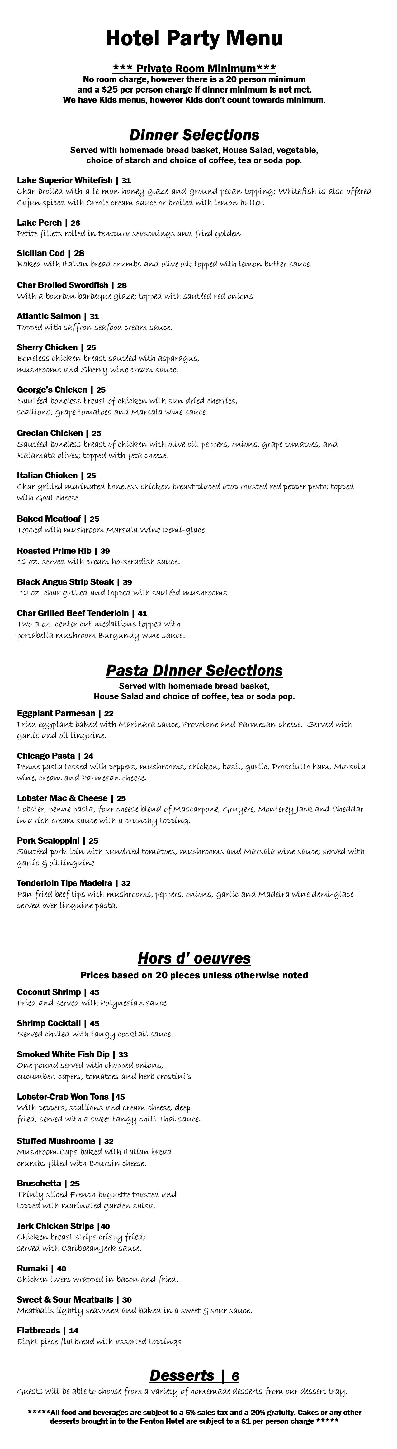 PARTY MENU — Fenton Hotel