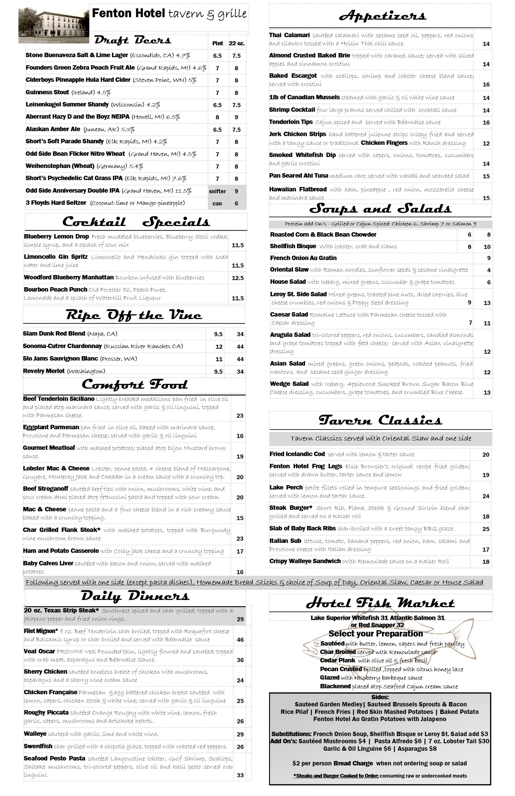 SAMPLE DINNER MENU — Fenton Hotel