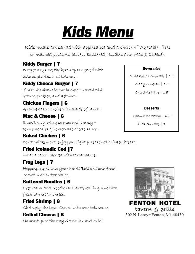 KIDS MENU — Fenton Hotel