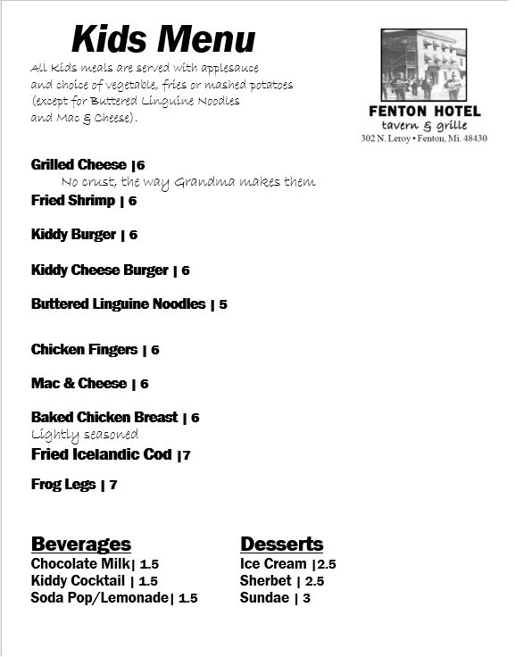 KIDS MENU — Fenton Hotel