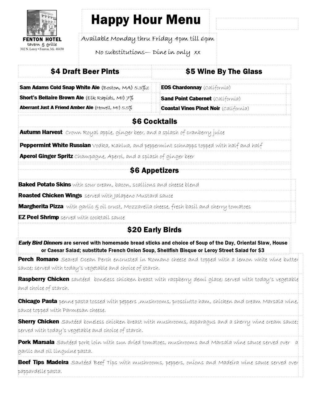 SAMPLE HAPPY HOUR MENU — Fenton Hotel