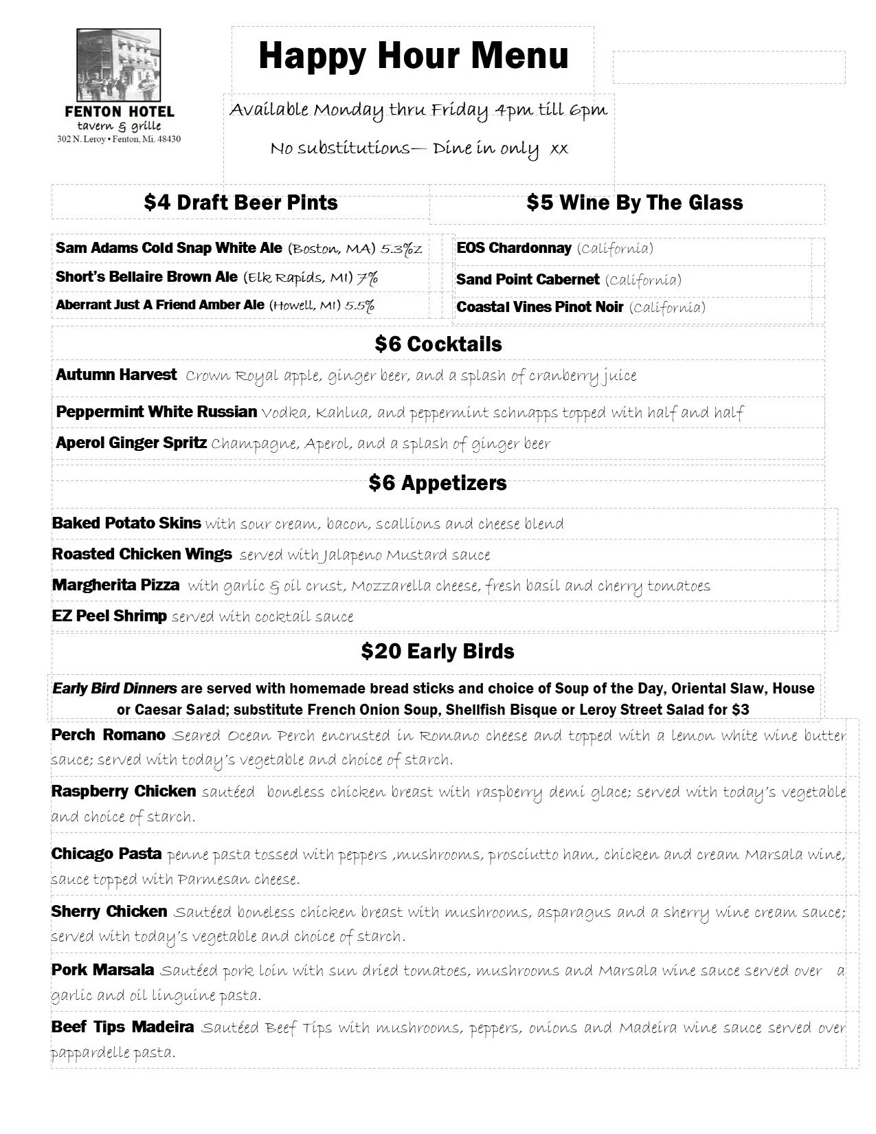 SAMPLE HAPPY HOUR MENU — Fenton Hotel