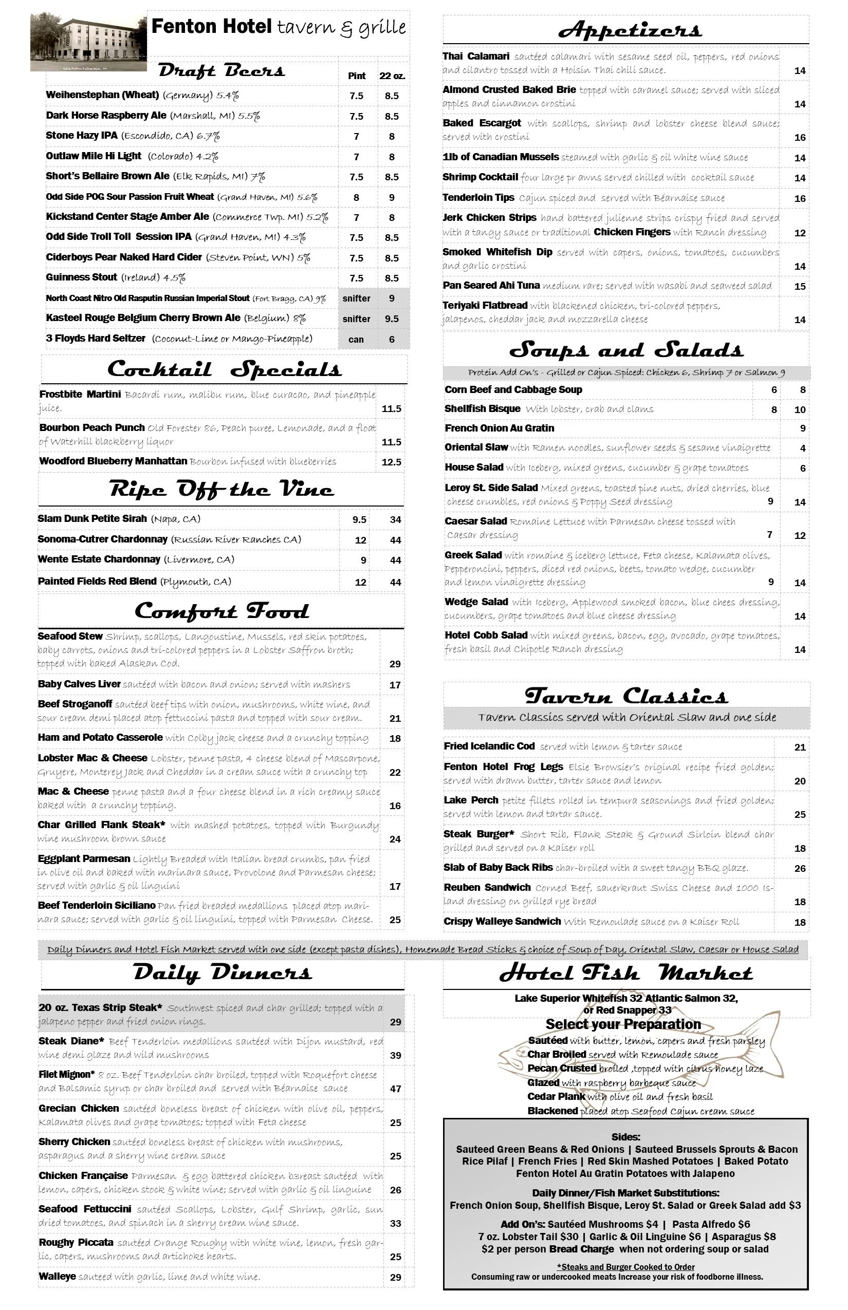 SAMPLE DINNER MENU — Fenton Hotel