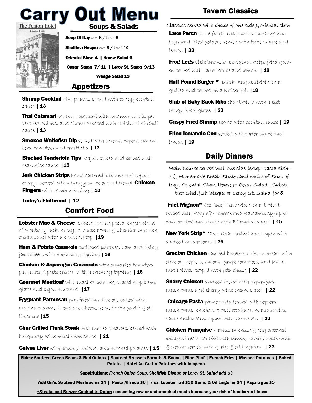 CARRY OUT MENU — Fenton Hotel