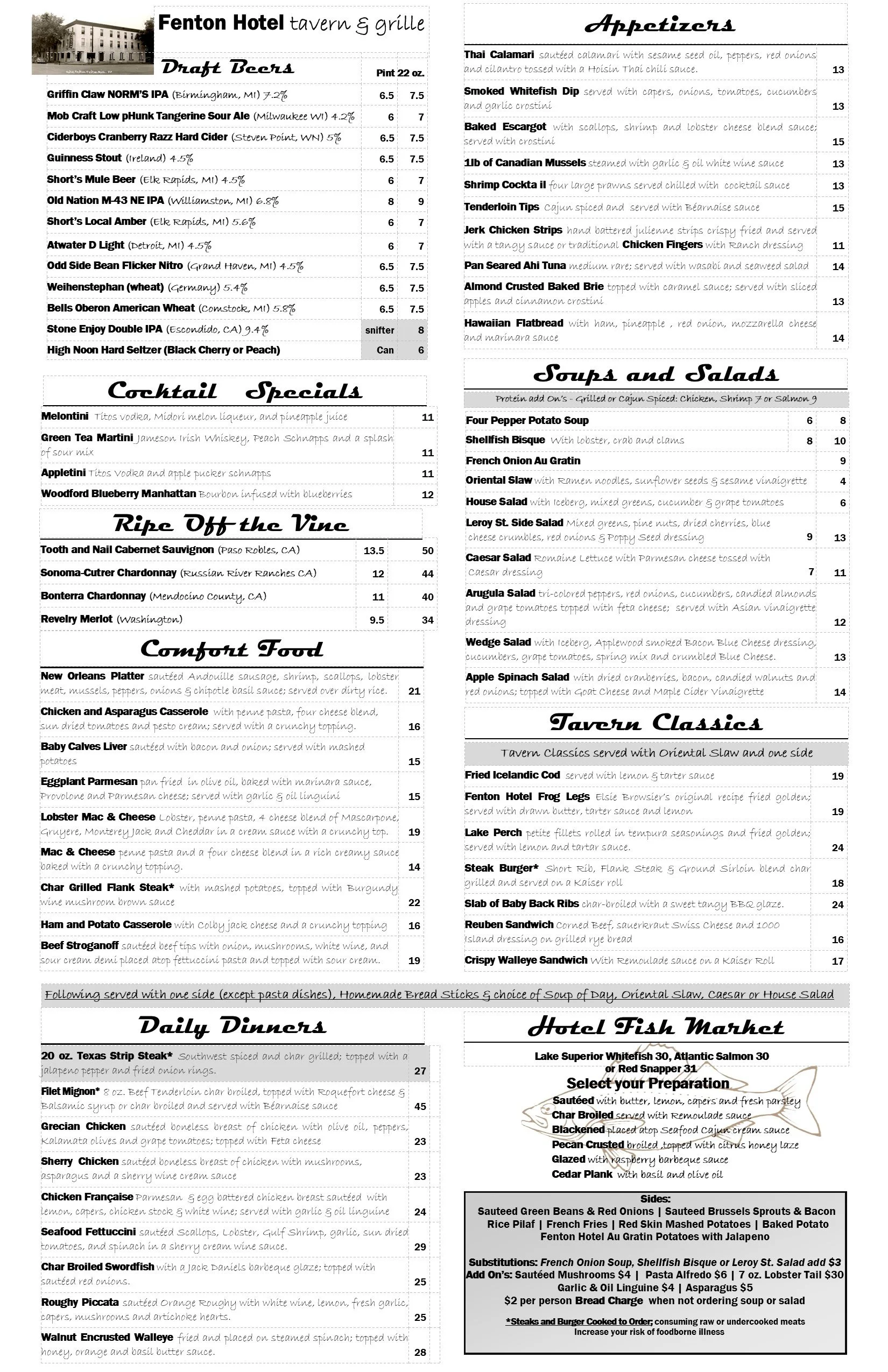 SAMPLE DINNER MENU — Fenton Hotel