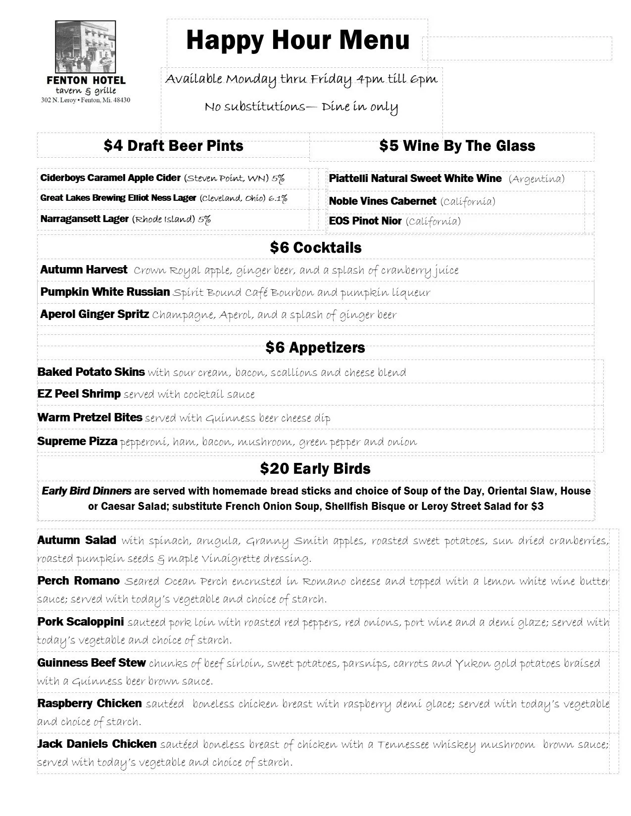 SAMPLE HAPPY HOUR MENU — Fenton Hotel