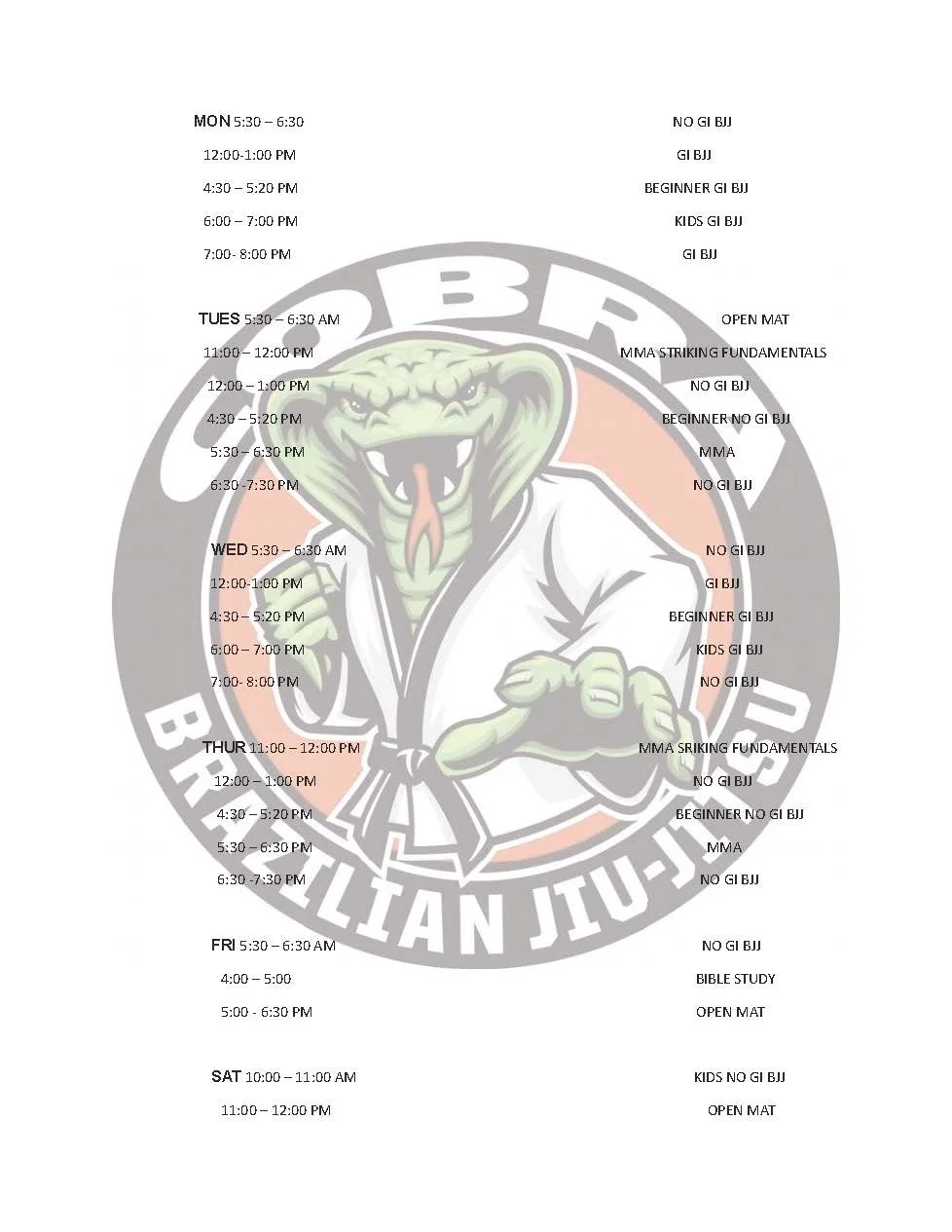 Schedule — Cobra Brazilian Jiu-Jitsu