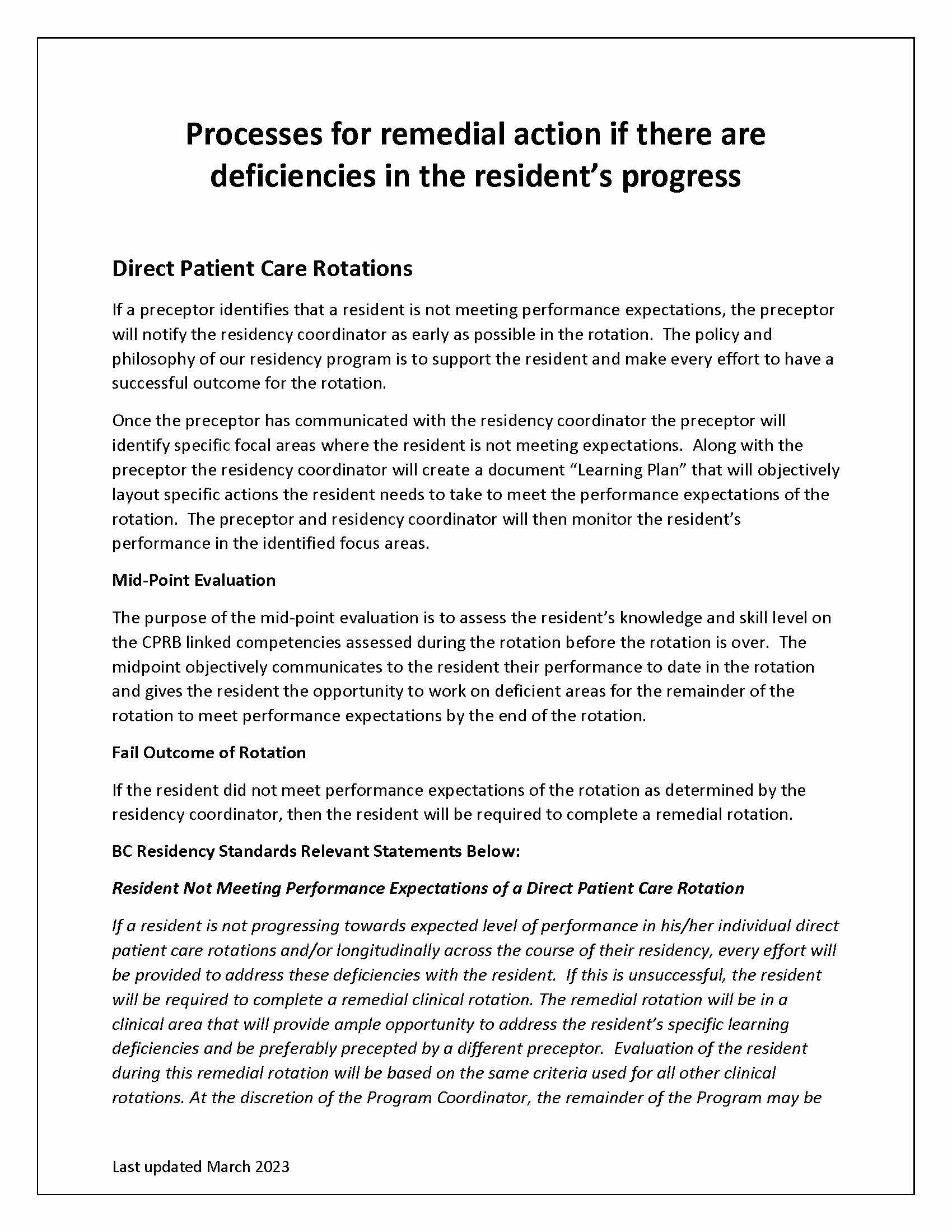 Processes for Remedial Action If Resident is Deficient in Performance ...