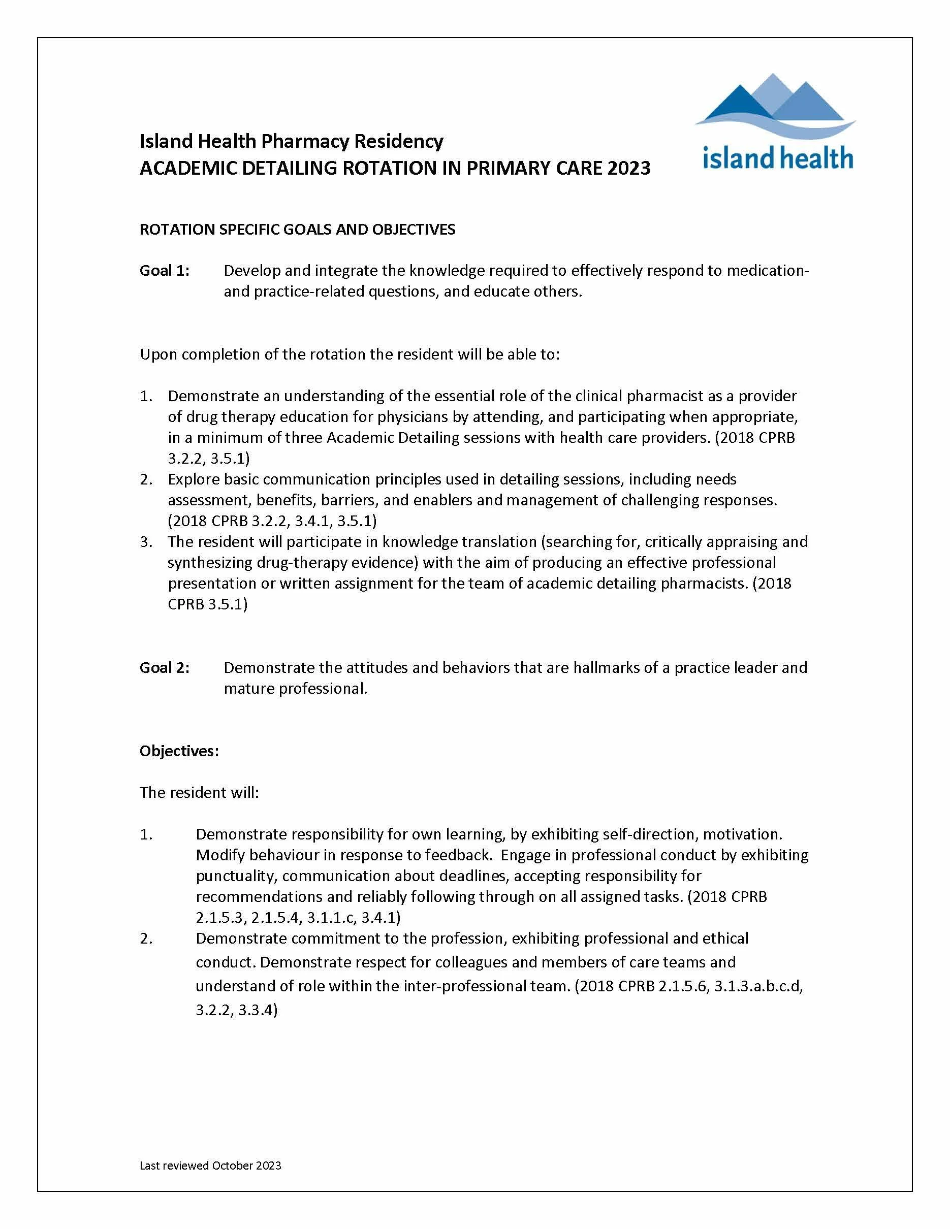 Academic Detailing Web Page — Island Health Pharmacy PGY1 Residency Program