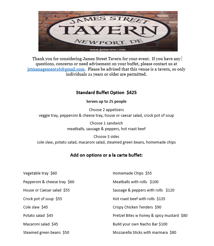 Buffet Menu — James Street Tavern
