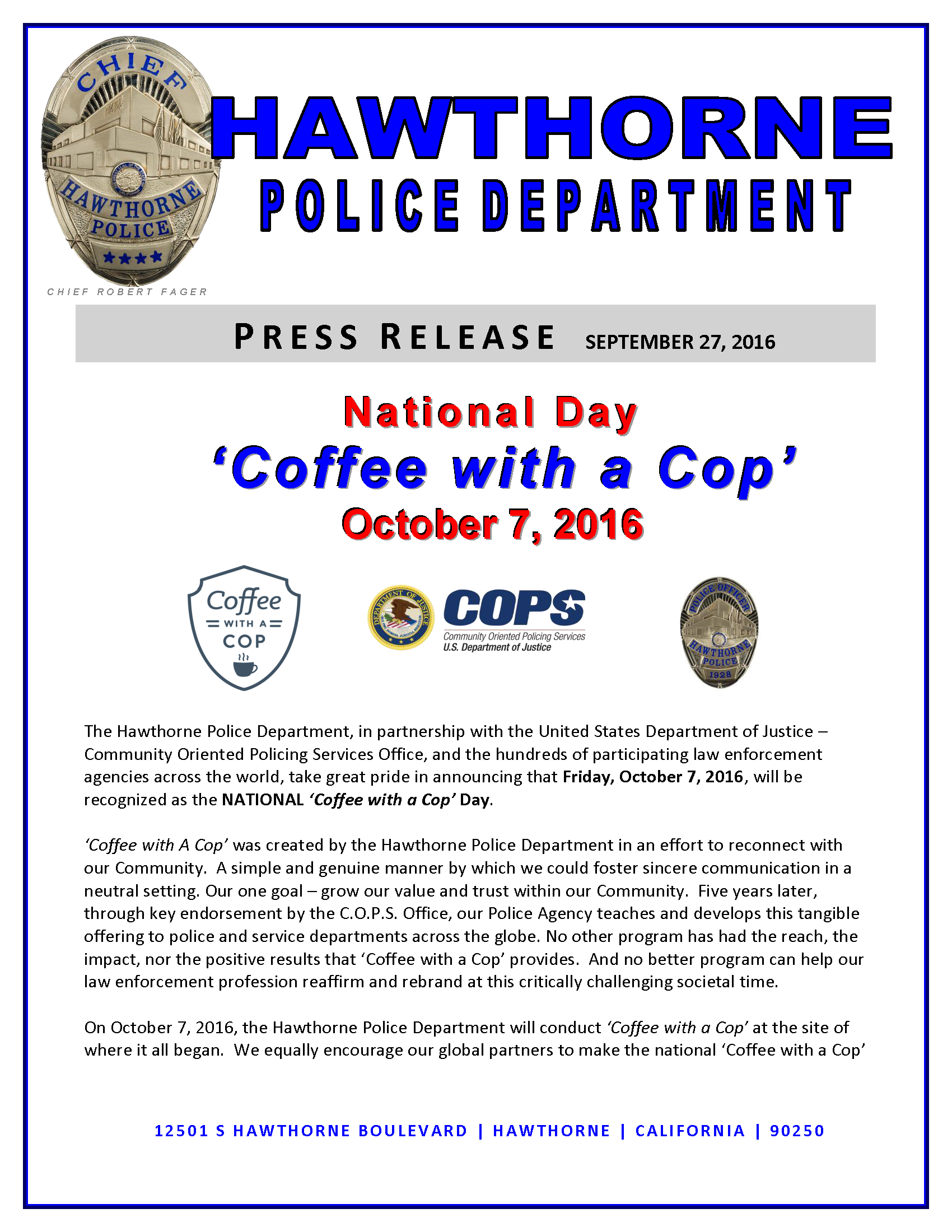 National Coffee with a Cop Day — Hawthorne police