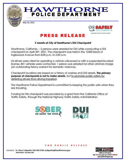 DUI CHECK POINT RESULTS — Hawthorne police