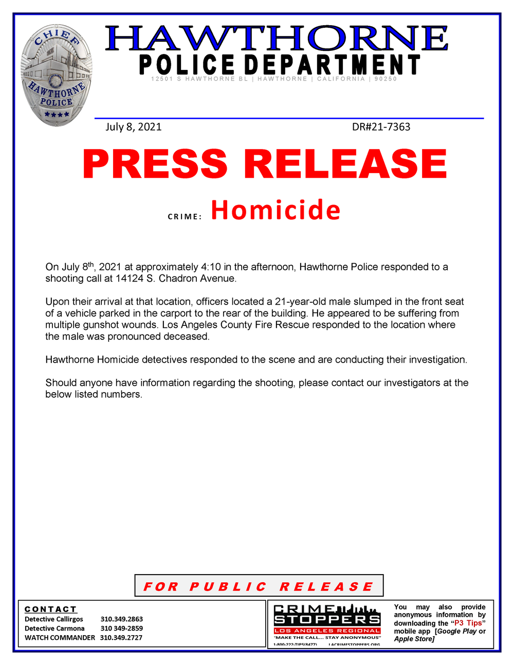 Homicide - Chadron Ave — Hawthorne police