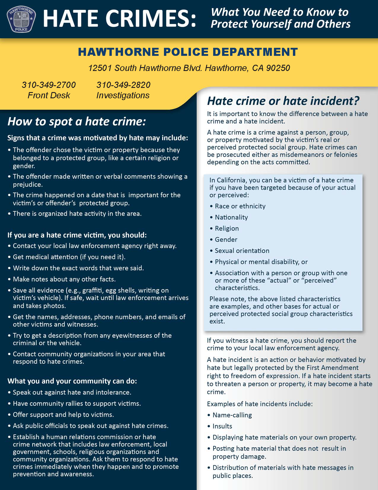 Victim's Services - Hate Crimes — Hawthorne police