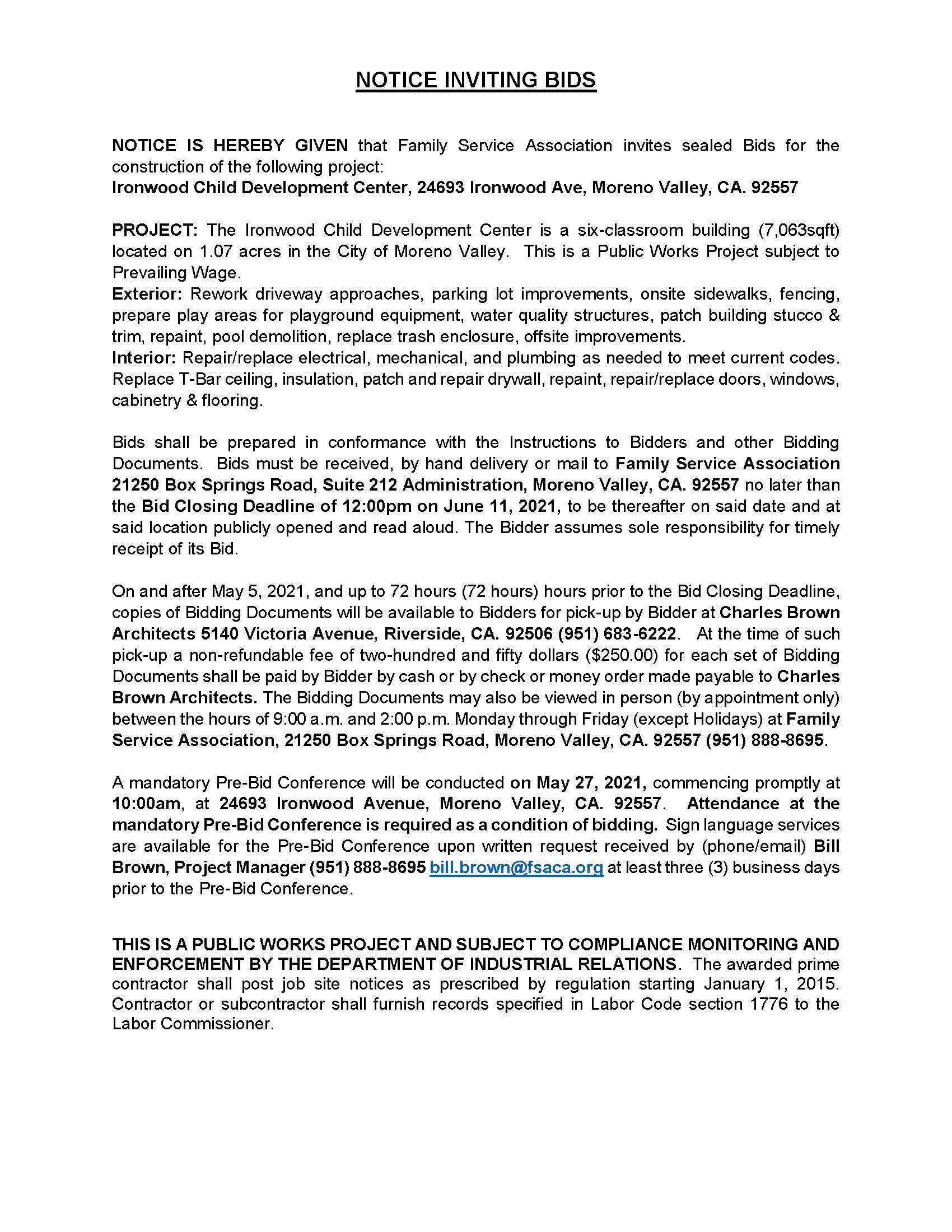 NOTICE INVITING BIDS — Family Service Association