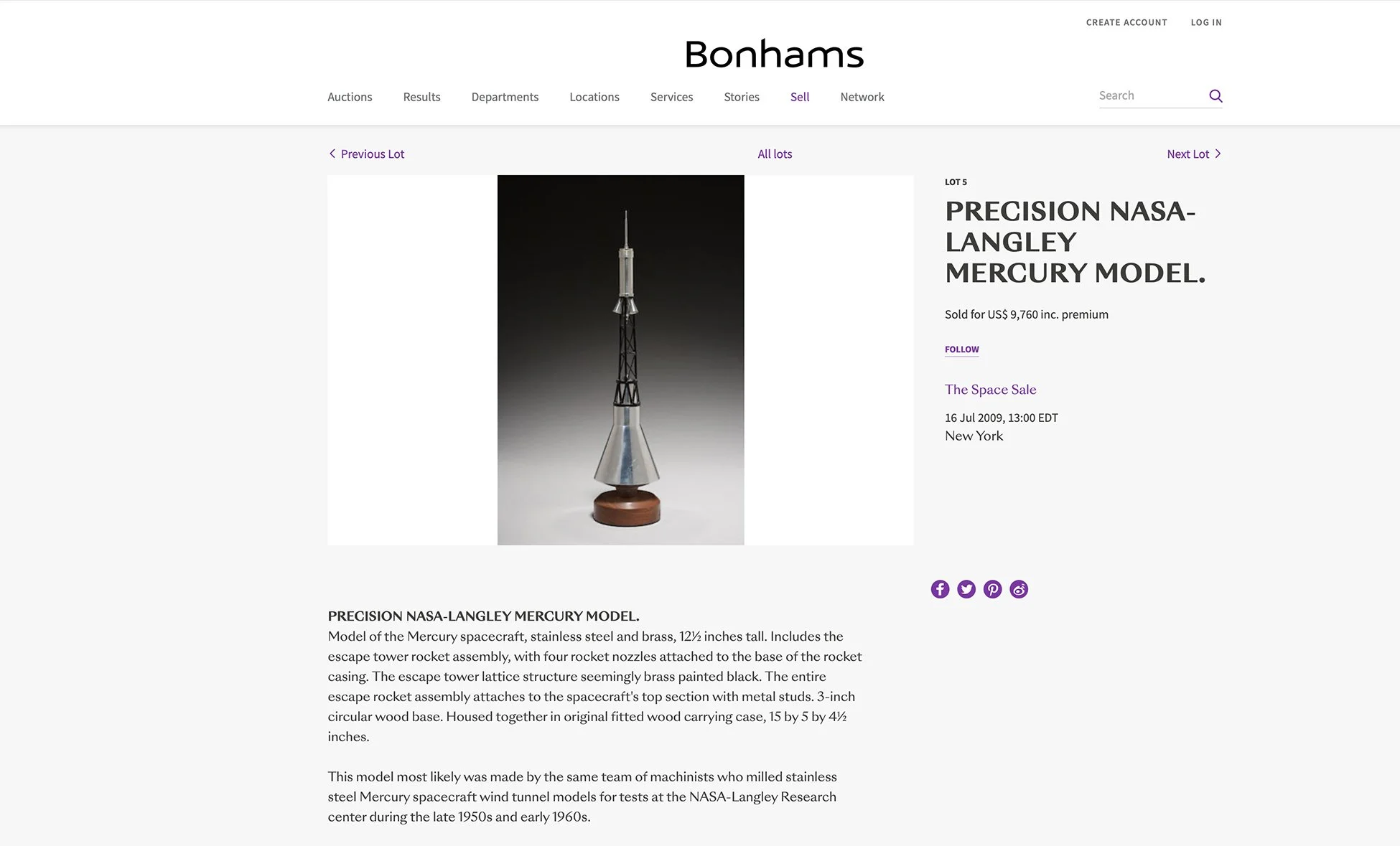 NASA / Langley Precision Model of Mercury Space Capsule C.1958 — AGENT ...