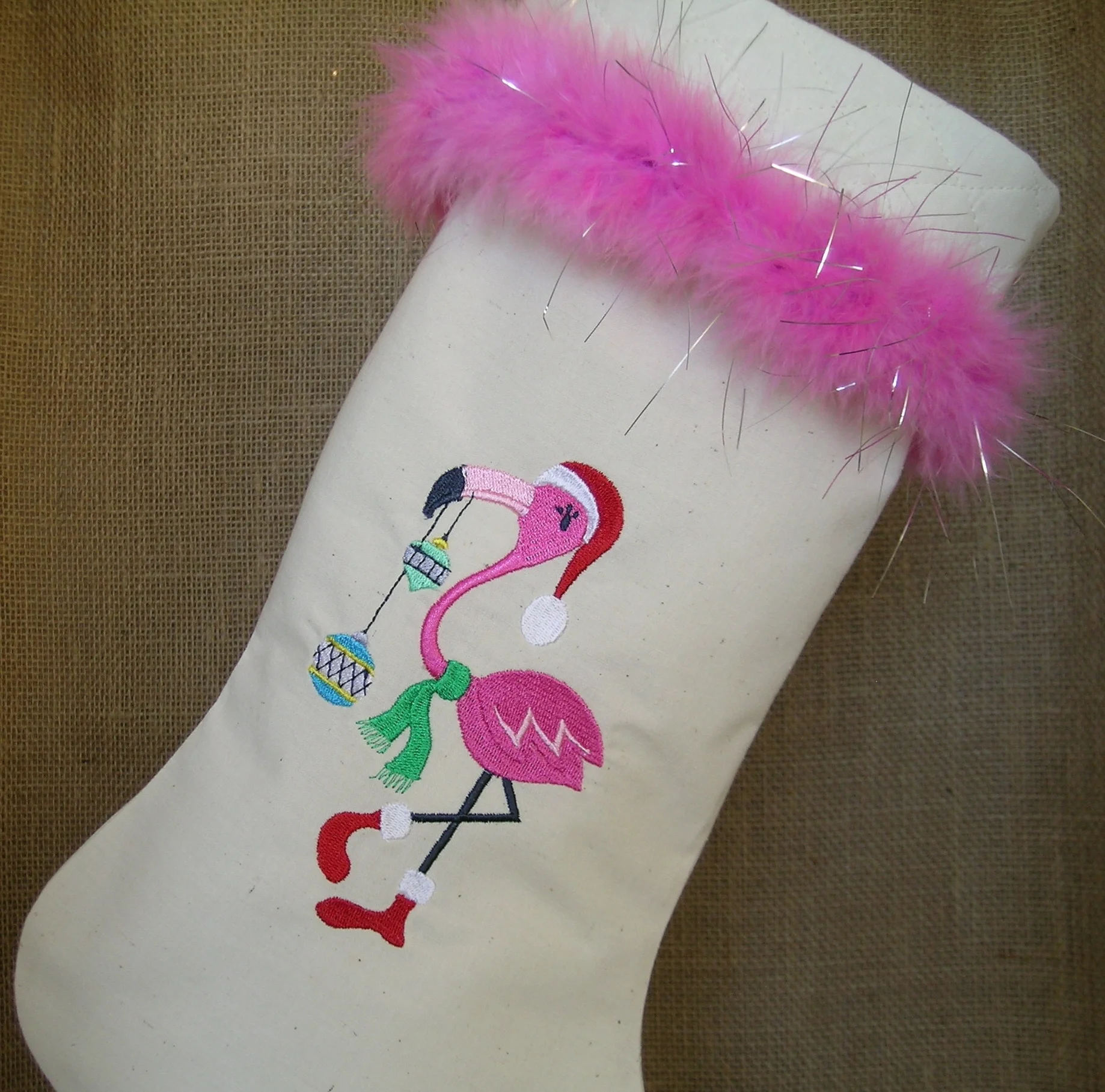 Embroidered Flamingo Christmas Stocking — debbiewendell.com