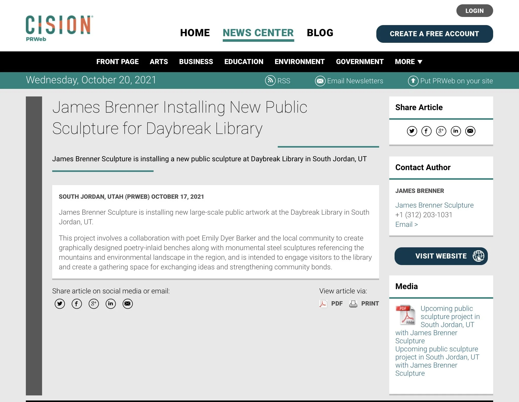 PRESS — JAMES BRENNER SCULPTURE