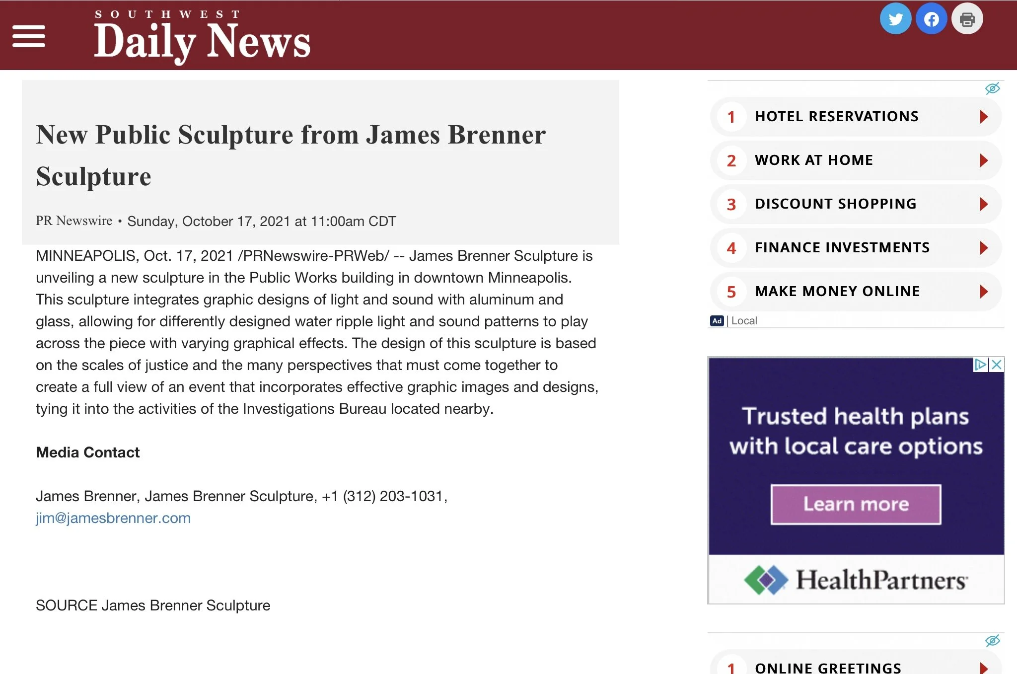 PRESS — JAMES BRENNER SCULPTURE