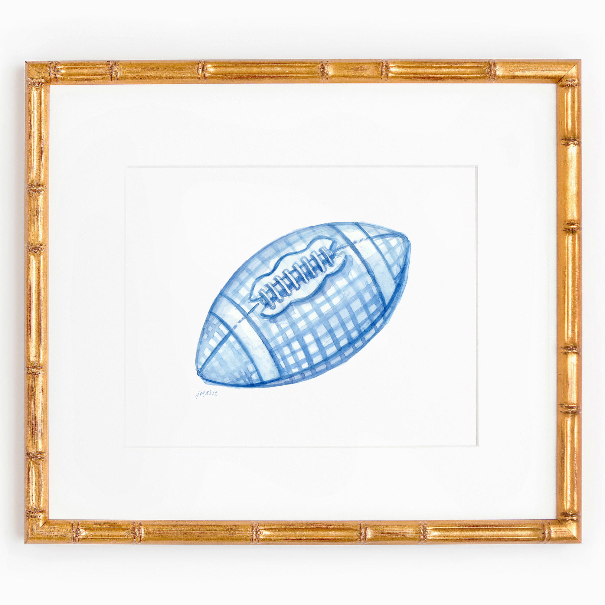 Blue Gingham Watercolor Football Art Print (Vertical & Horizontal ...