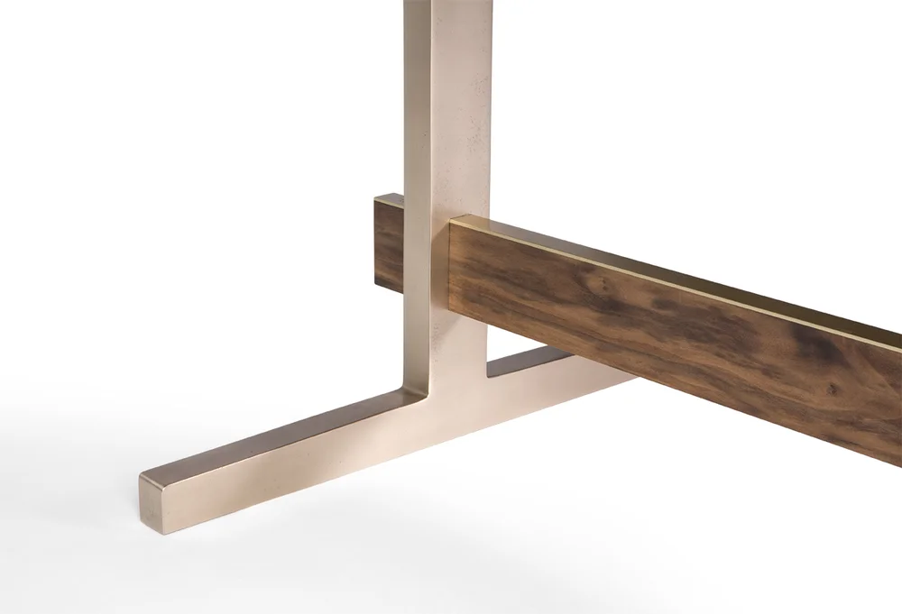 The Hearth Trestle Dining Table in Cast Bronze w/ Bastogne Walnut Slab ...