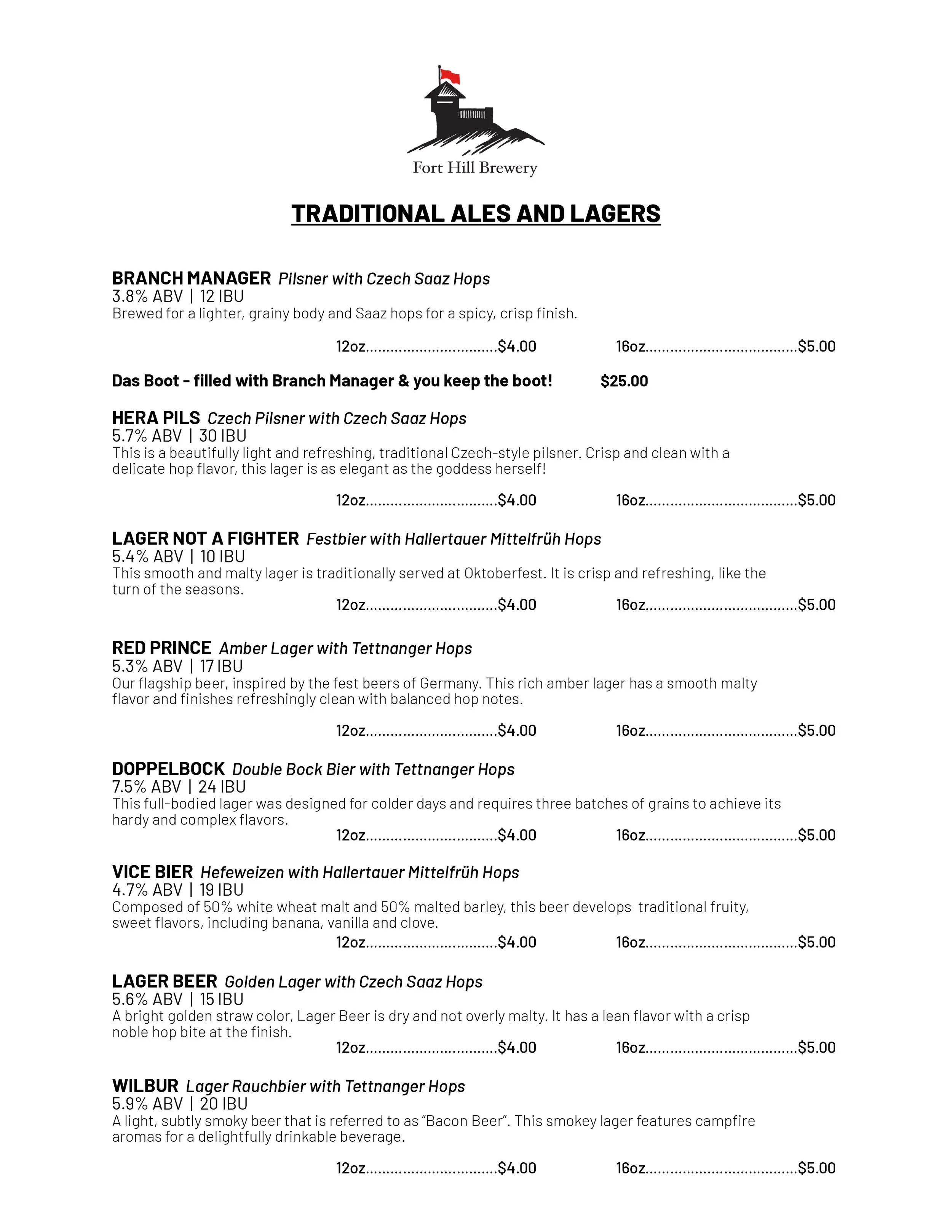 Menu — Fort Hill Brewery