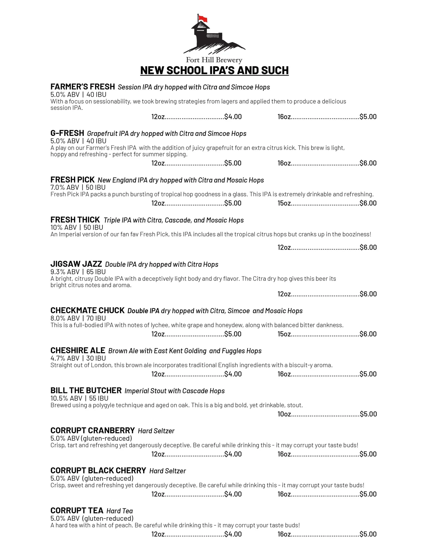 Menu — Fort Hill Brewery