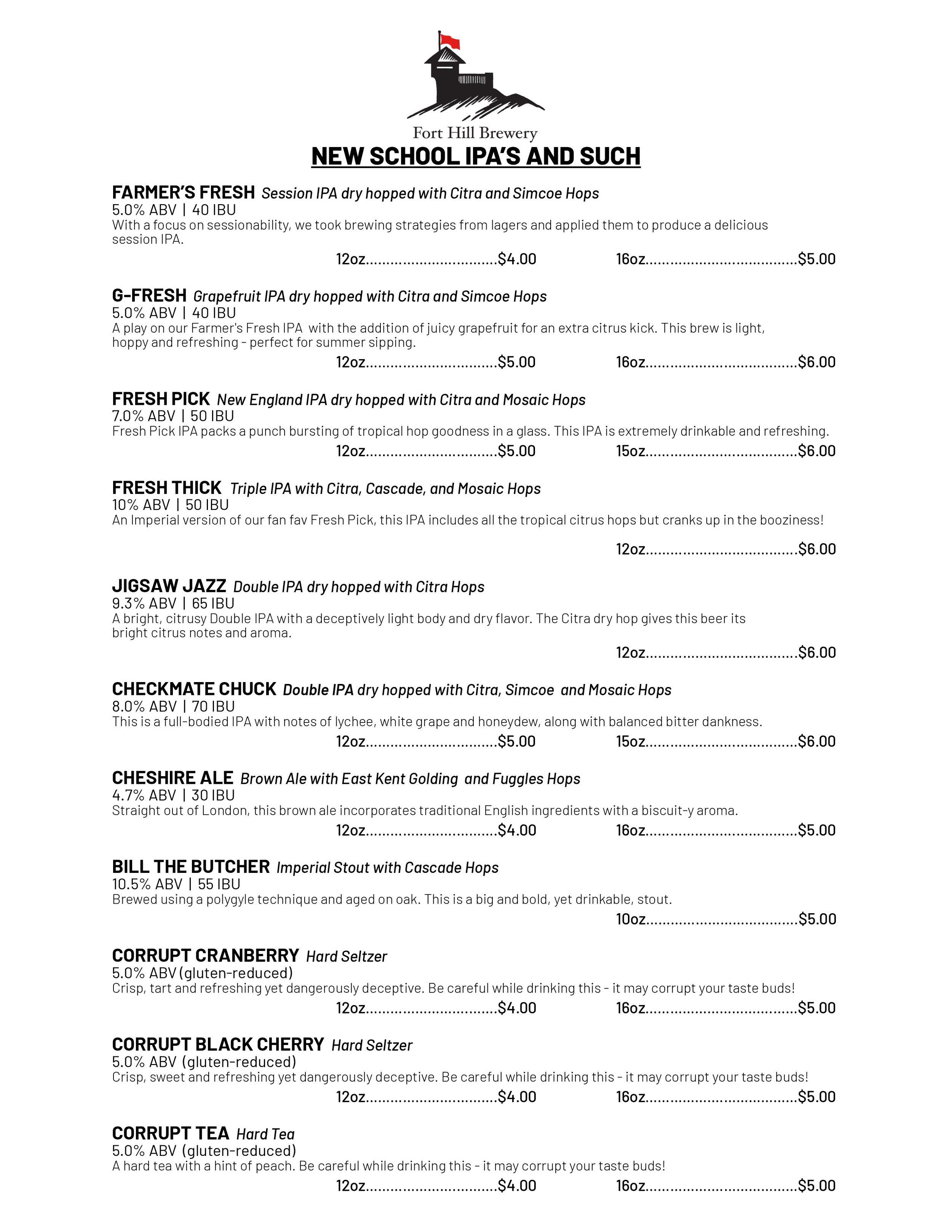 Menu — Fort Hill Brewery