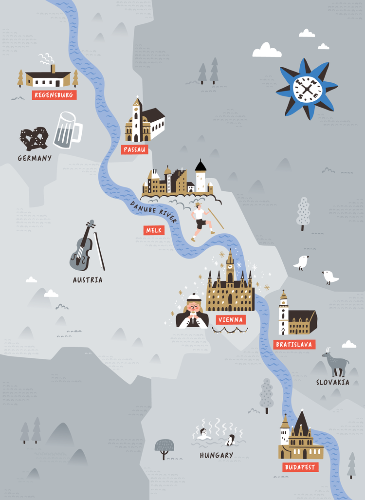 Illustrated Map of Itineraries for a European Danube River Cruise by ...