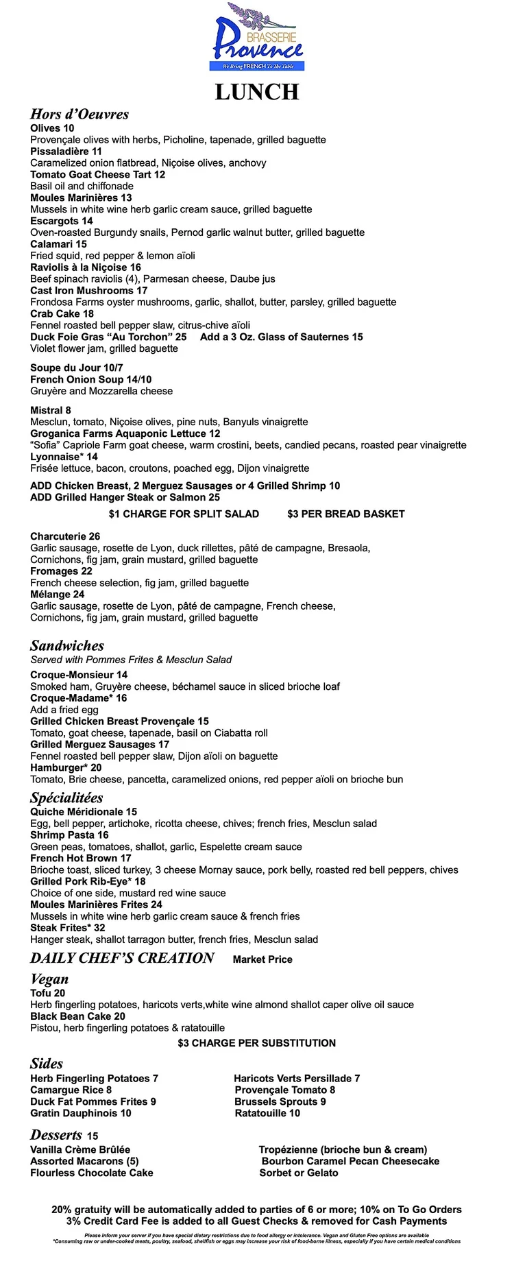 LUNCH MENU — Brasserie Provence