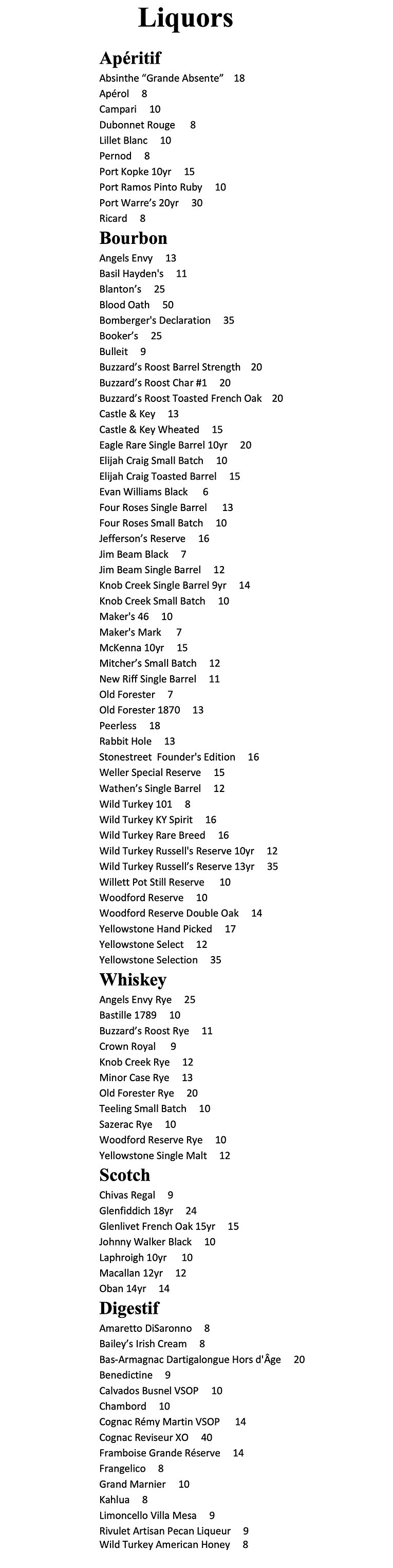 Liquor List — Brasserie Provence