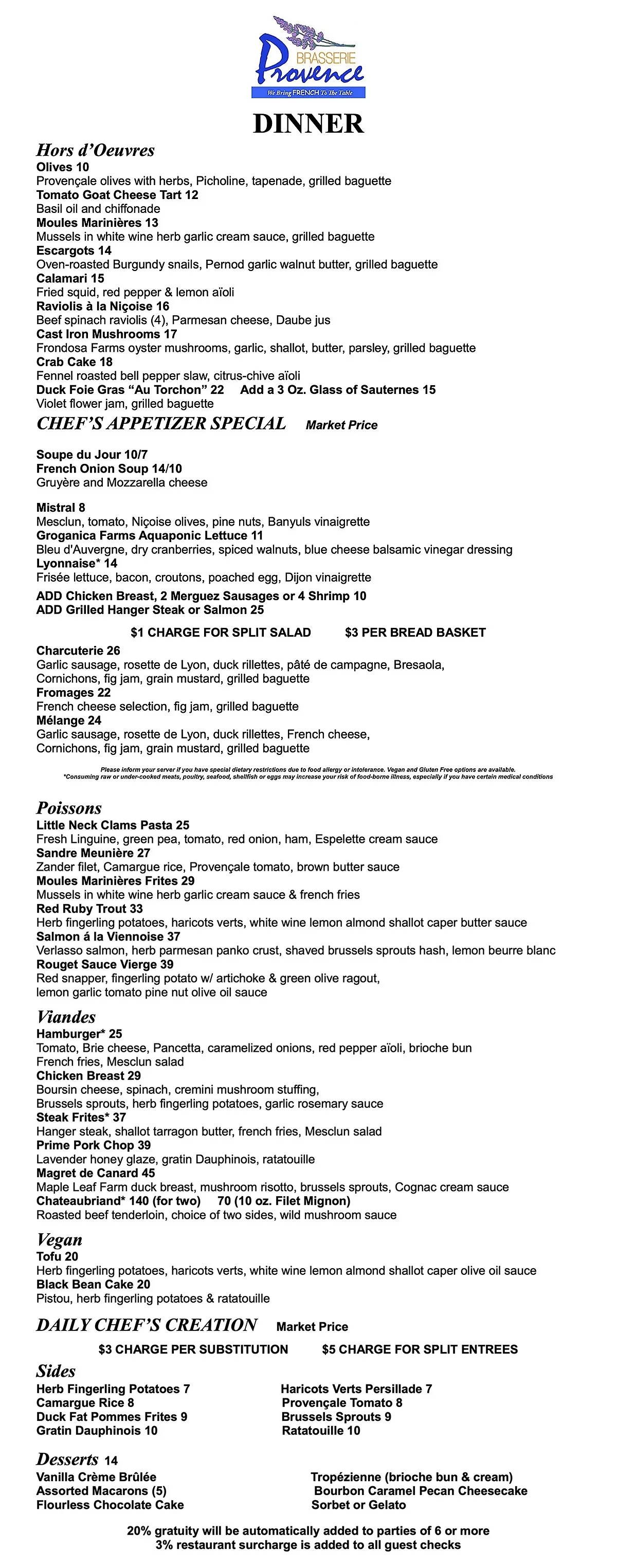 DINNER MENU — Brasserie Provence