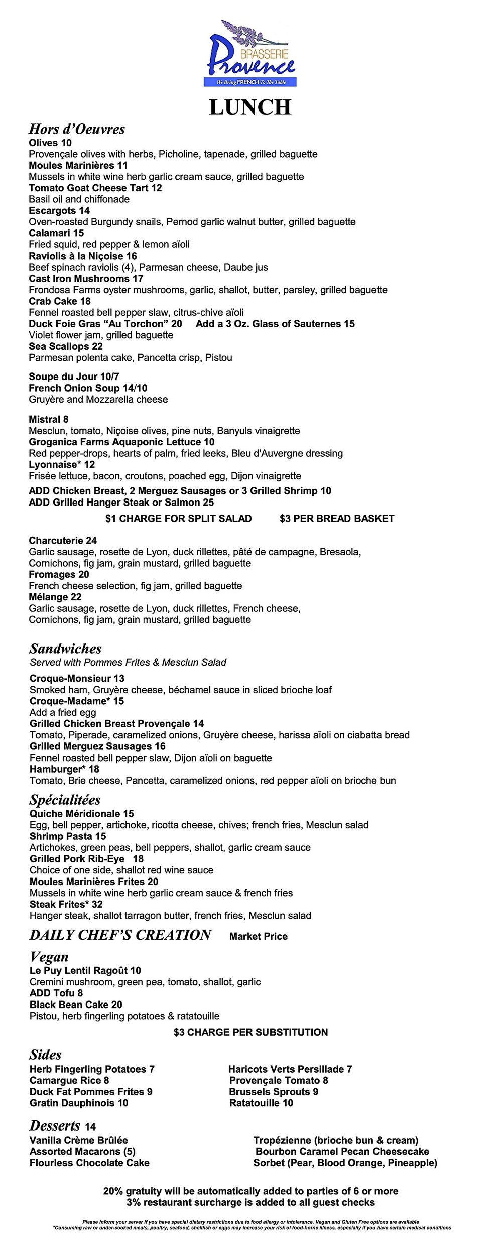 LUNCH MENU — Brasserie Provence