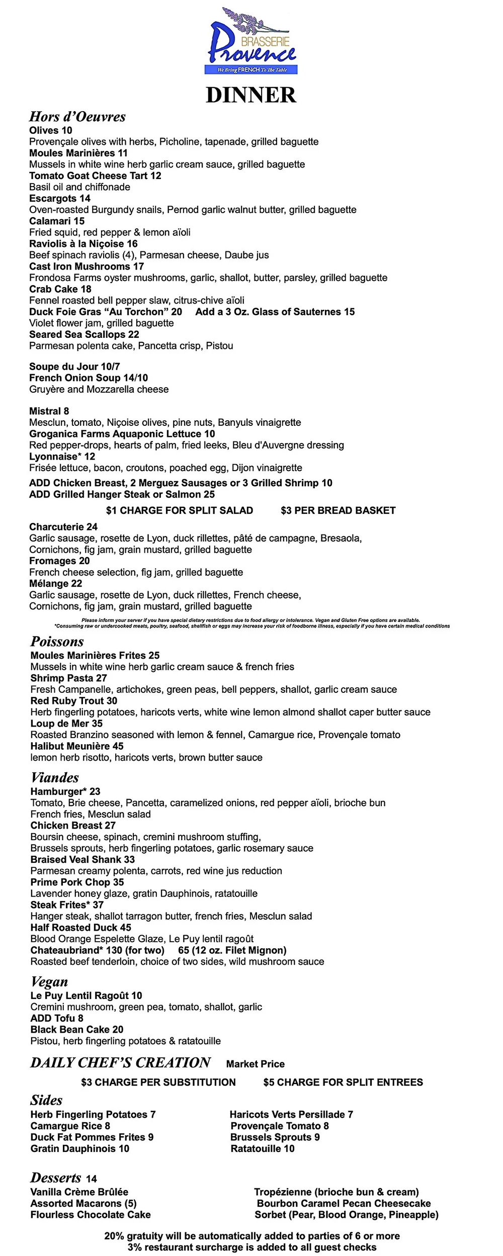 DINNER MENU — Brasserie Provence