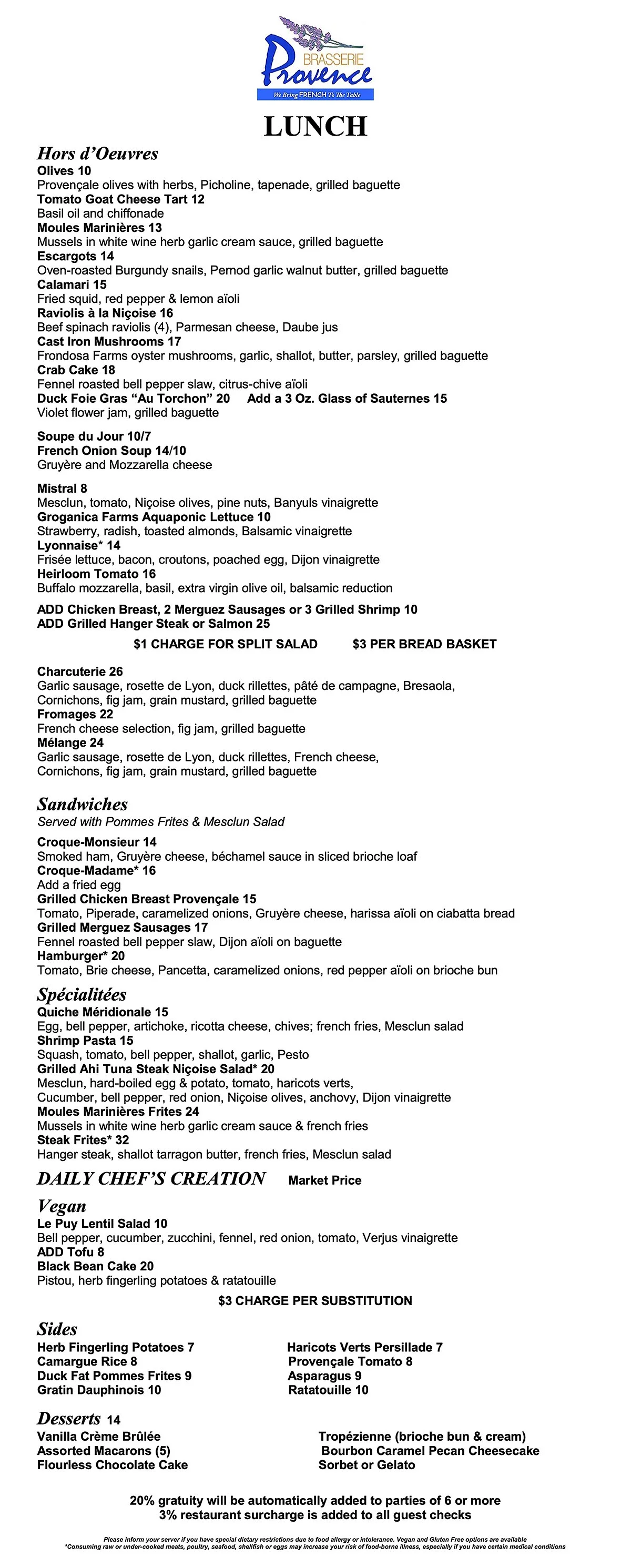 LUNCH MENU — Brasserie Provence
