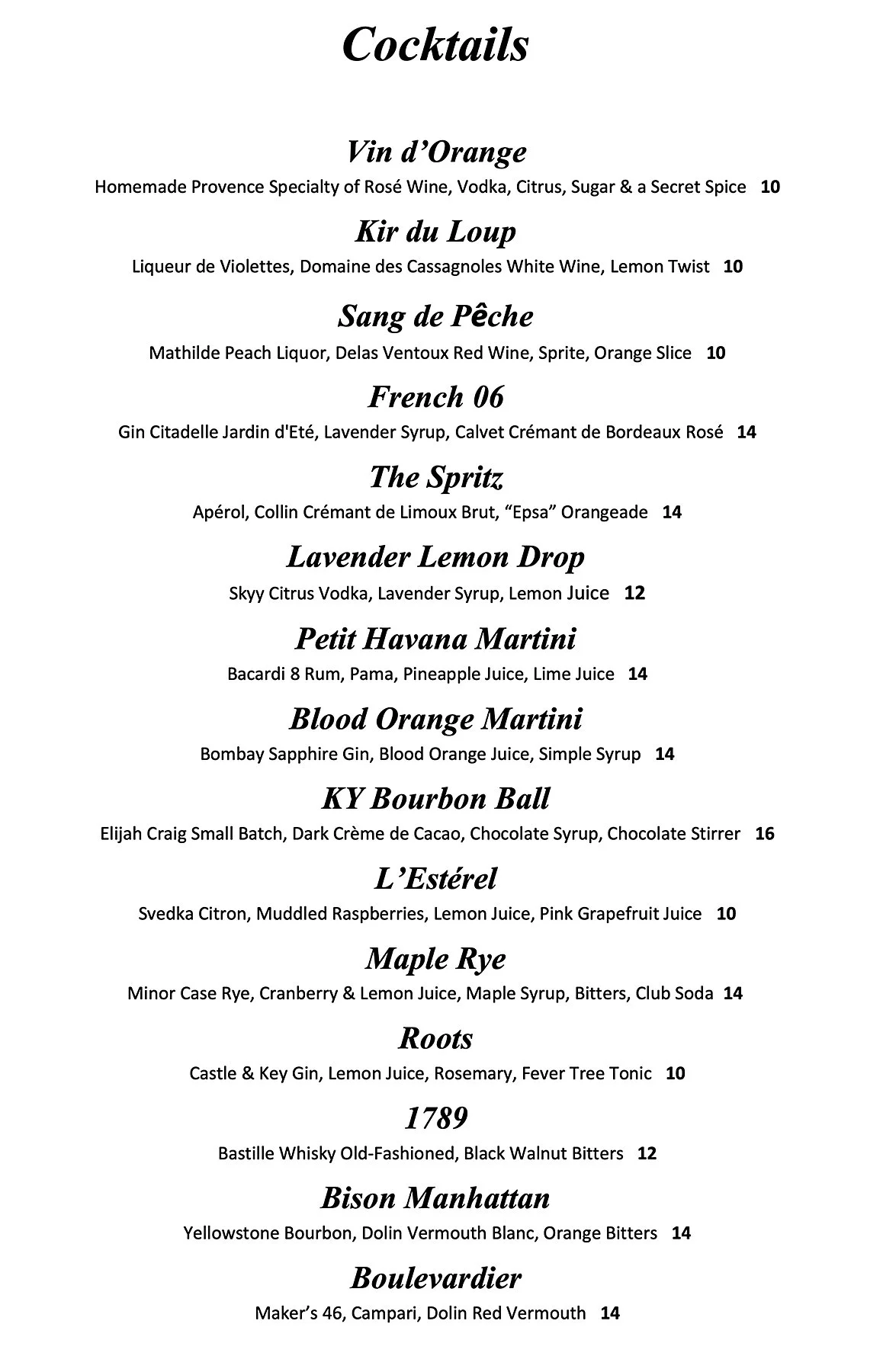 Cocktail Menu — Brasserie Provence