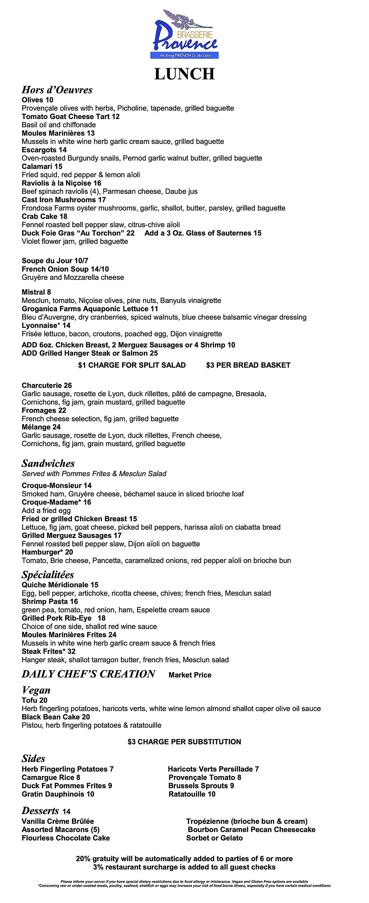 LUNCH MENU — Brasserie Provence