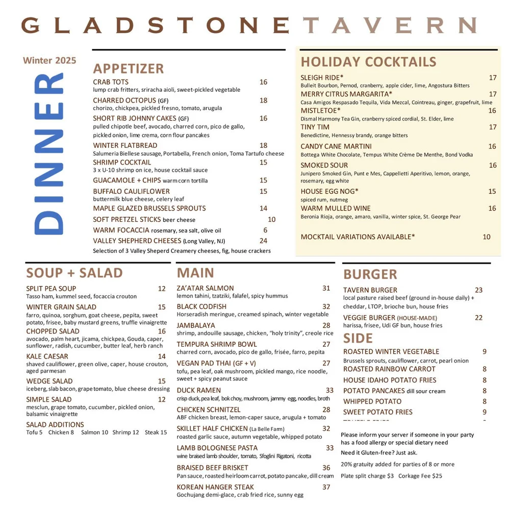 Gladstone Tavern—Menu