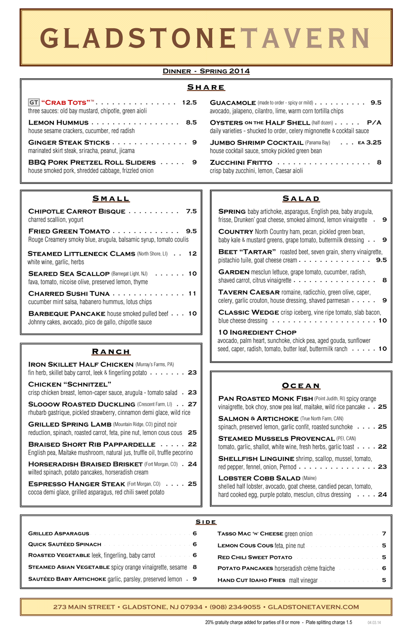 Gladstone Tavern—Menus