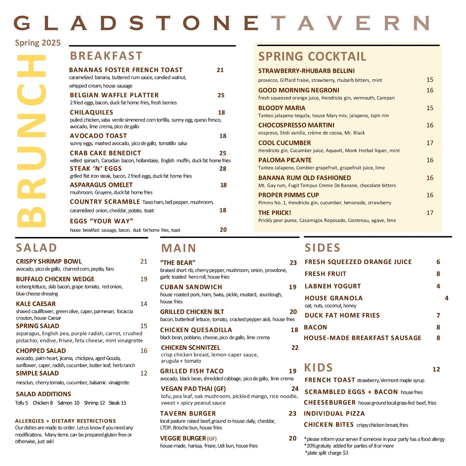 Gladstone Tavern—Menus