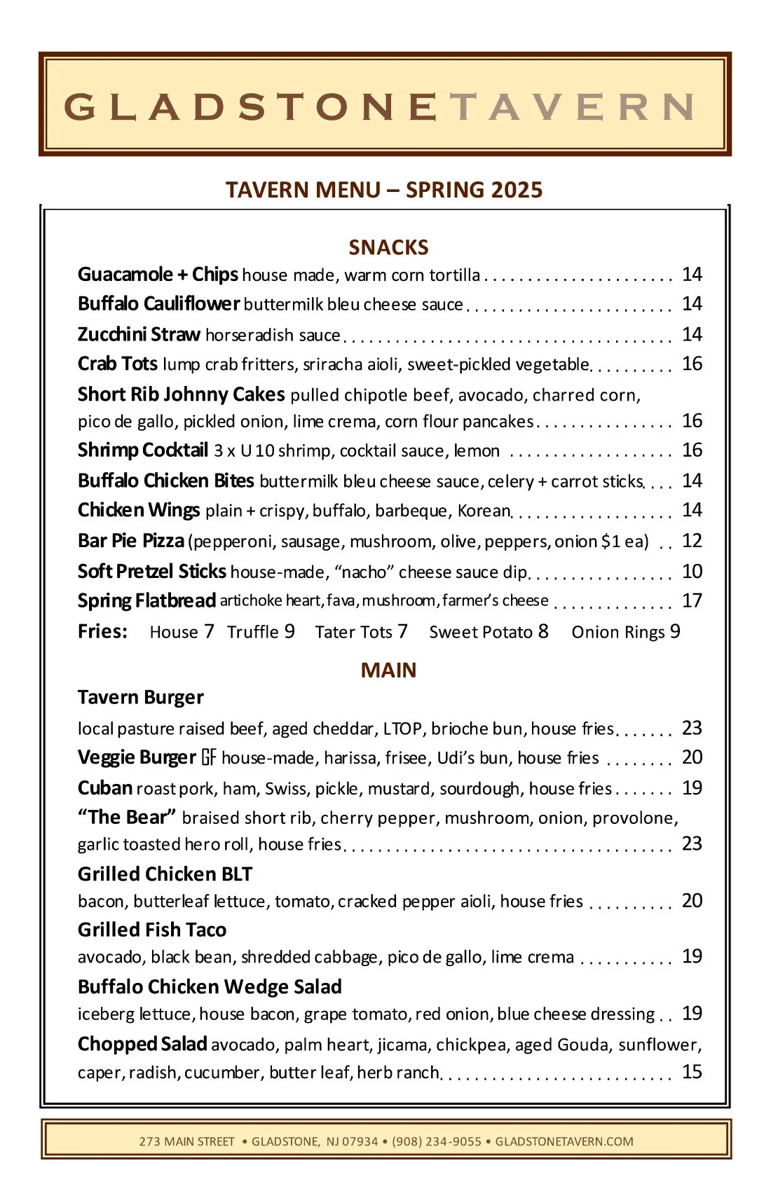 Gladstone Tavern—Menus