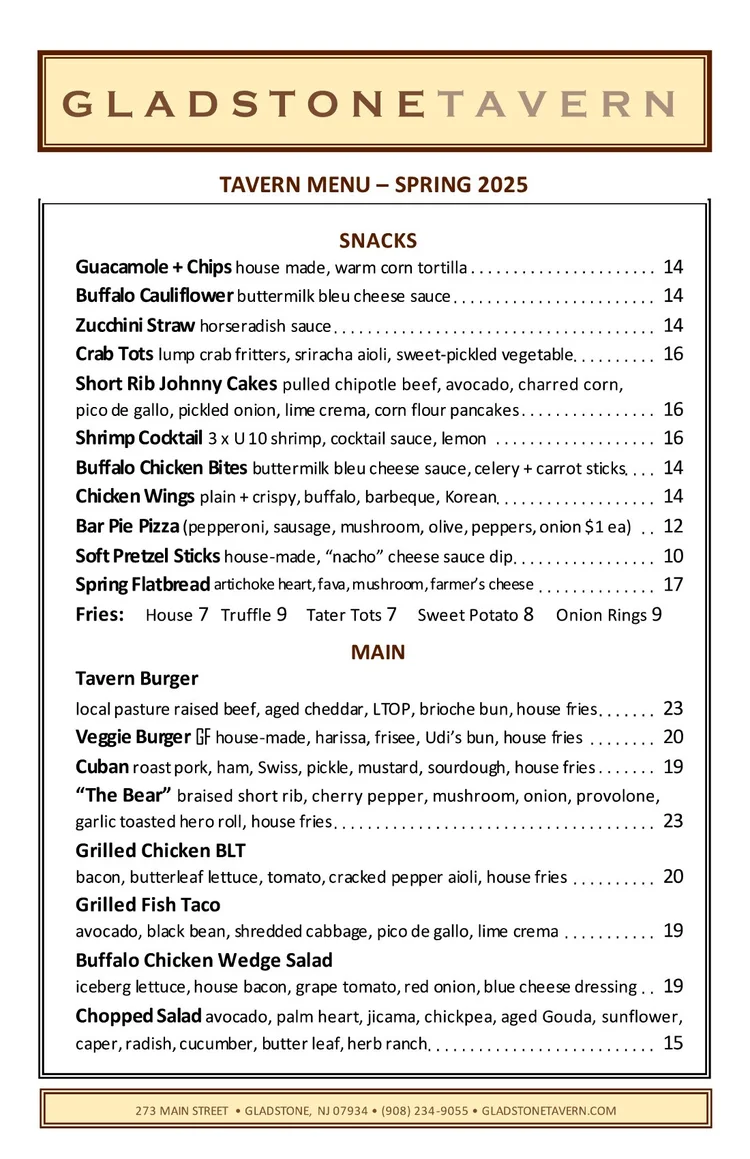Gladstone Tavern—Menus