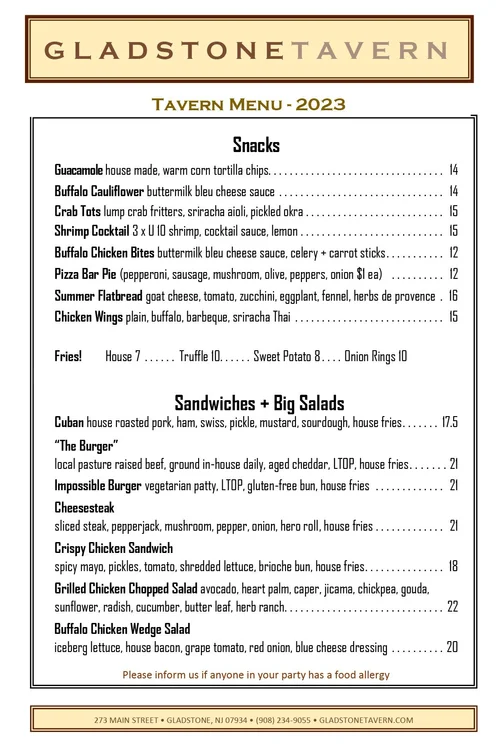 Gladstone Tavern—Menus