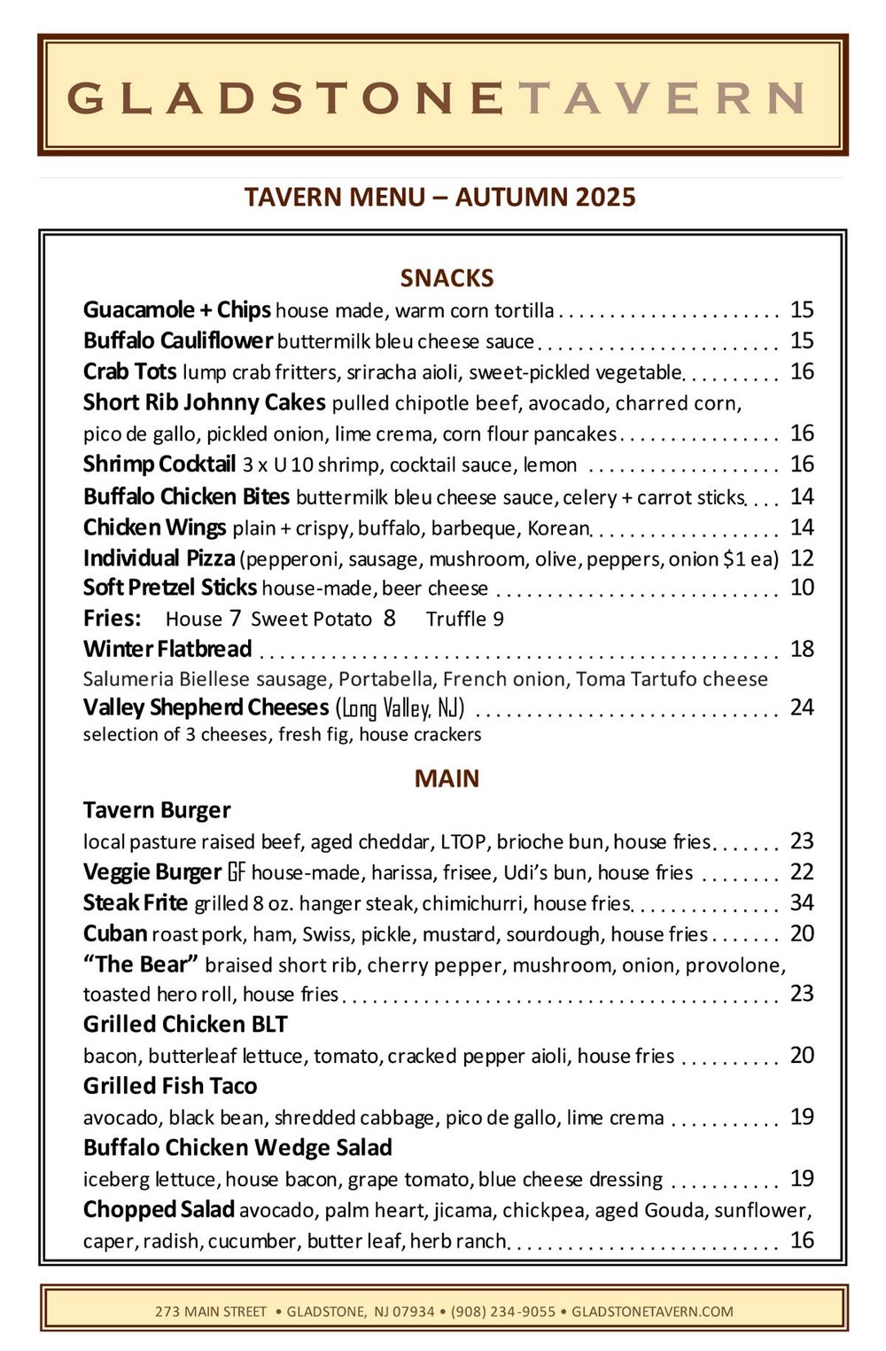 Gladstone Tavern—Menu