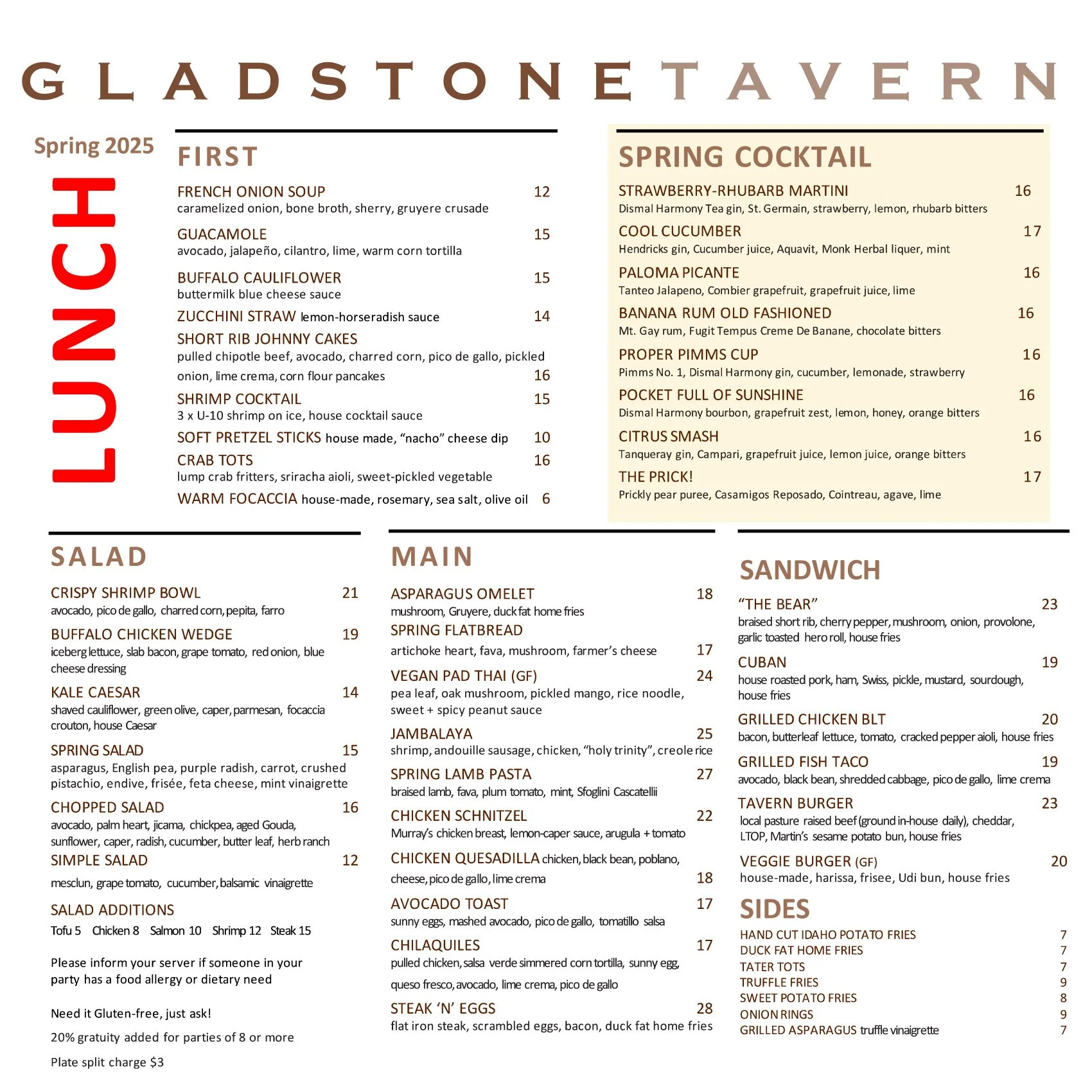 Gladstone Tavern—Menus