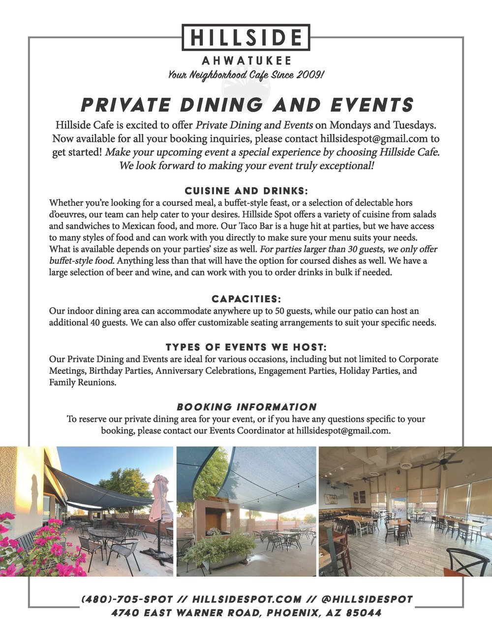 Private Events and Parties — Hillside Cafe