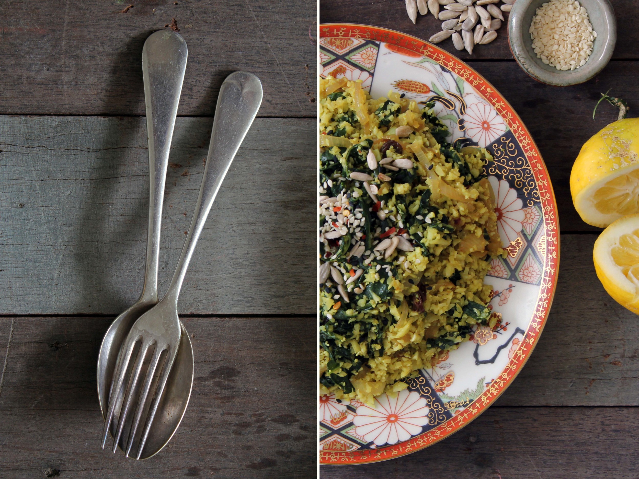 Spiced cauliflower "rice" w/ garlic ginger greens & soft fried onions ...